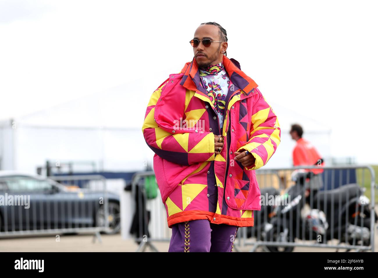 Mercedes' Lewis Hamilton arrives at the paddock ahead of the British ...