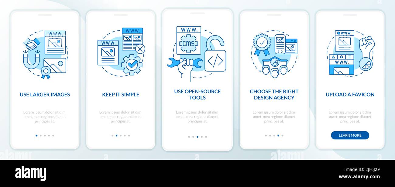 Creating professional website blue onboarding mobile app screen Stock ...