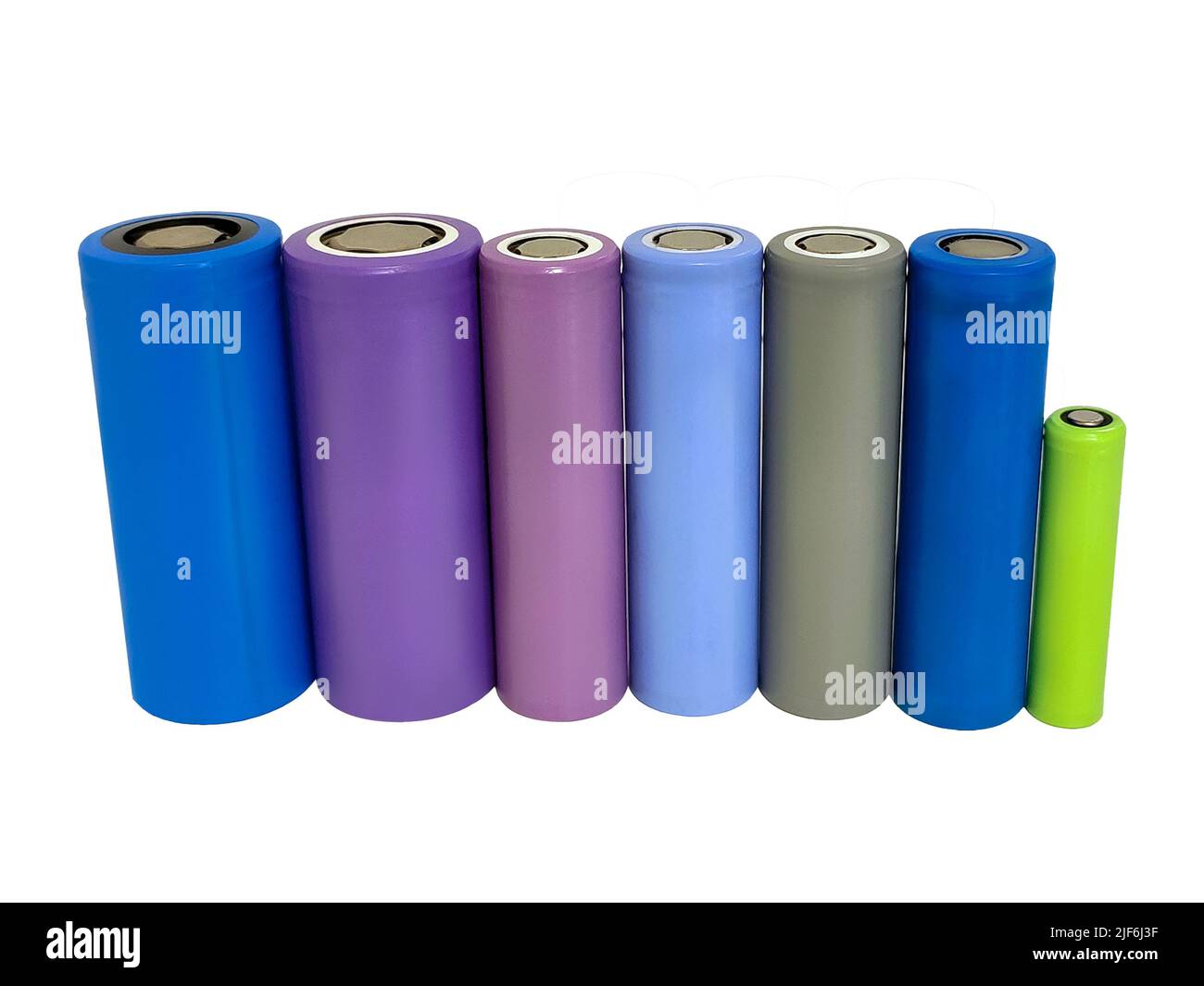 A row of rechargeable lithium-ion batteries in blue and green, arranged ...