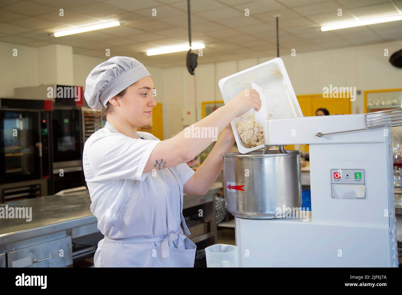 Side view of female cook in uniform putting raw dough from container ...