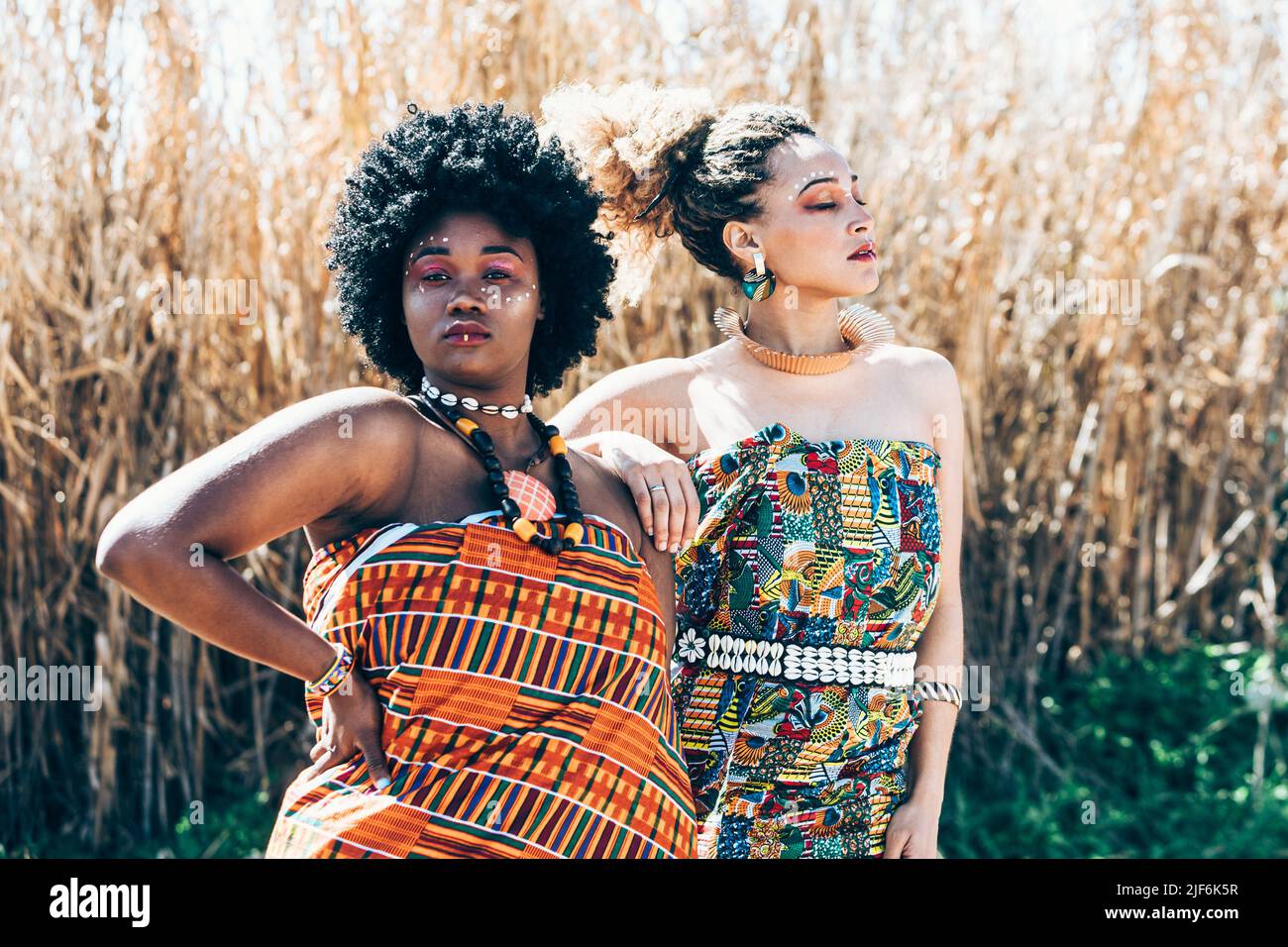 Confident black and mixed race female models in ornamental dresses with ...
