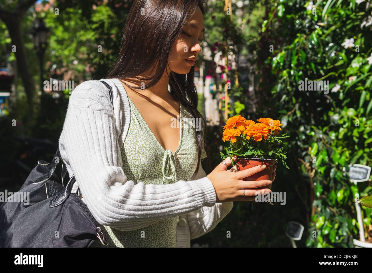 Side view of glad Asian female choosing colorful potted flowers while ...