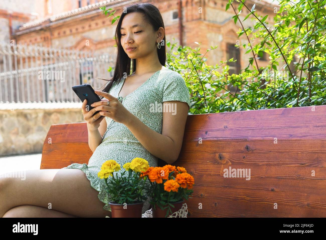 Charming Asian female texting message on cellphone while sitting on ...