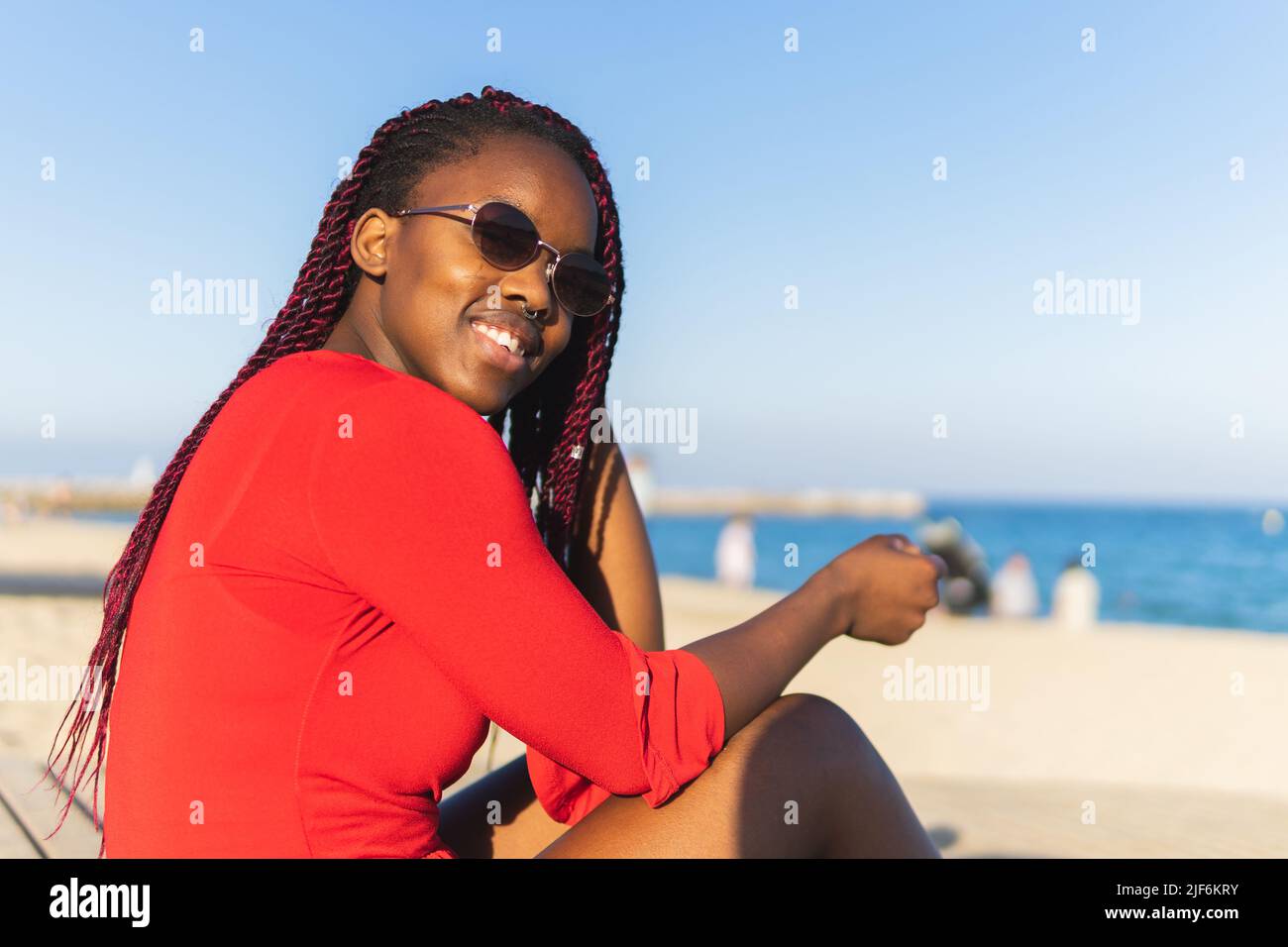 Portrait of African American young Woman in trendy red dress and braids ...