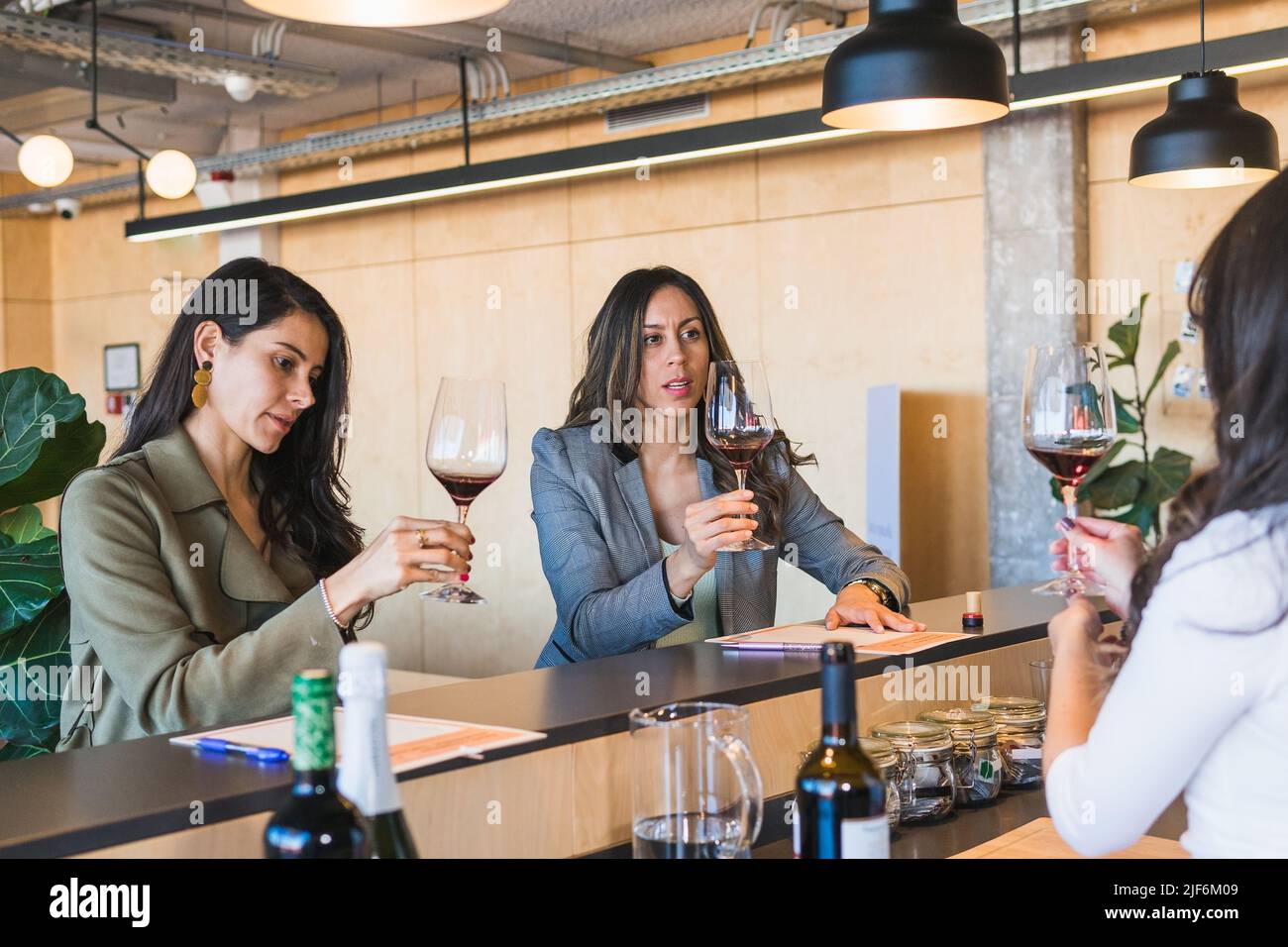Female sommeliers in smart casual clothes enjoying aroma of red wine ...