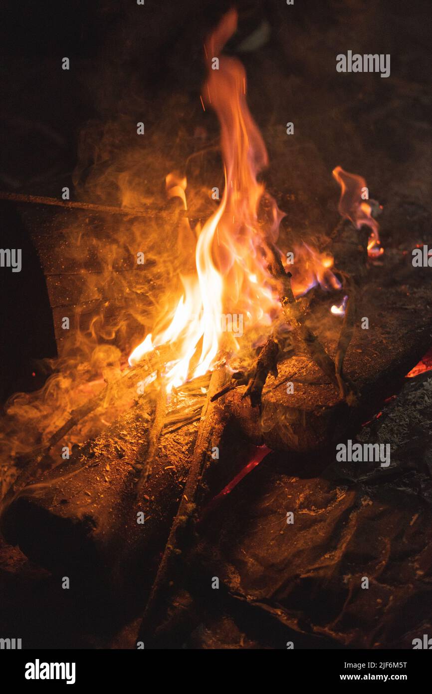 From above of firewood burning with bright orange flames on ground of ...