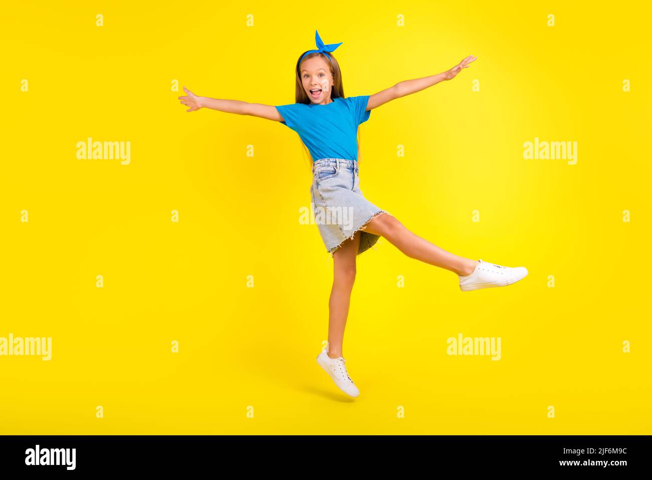 Full body photo of excited overjoyed person jumping have fun good mood ...