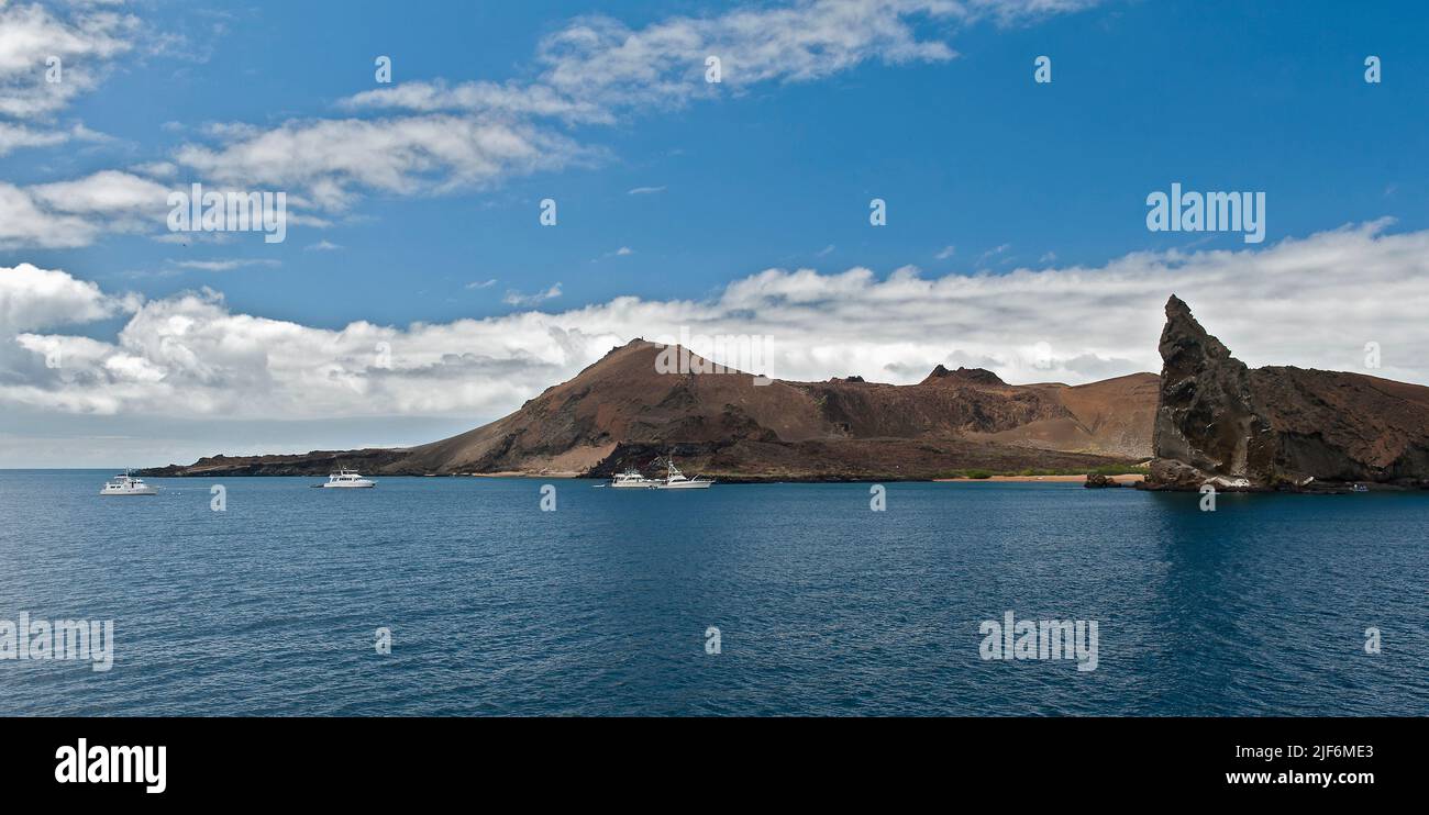 The Galapagos island of Bartolome with the famous Pinnacle Rock clearly ...