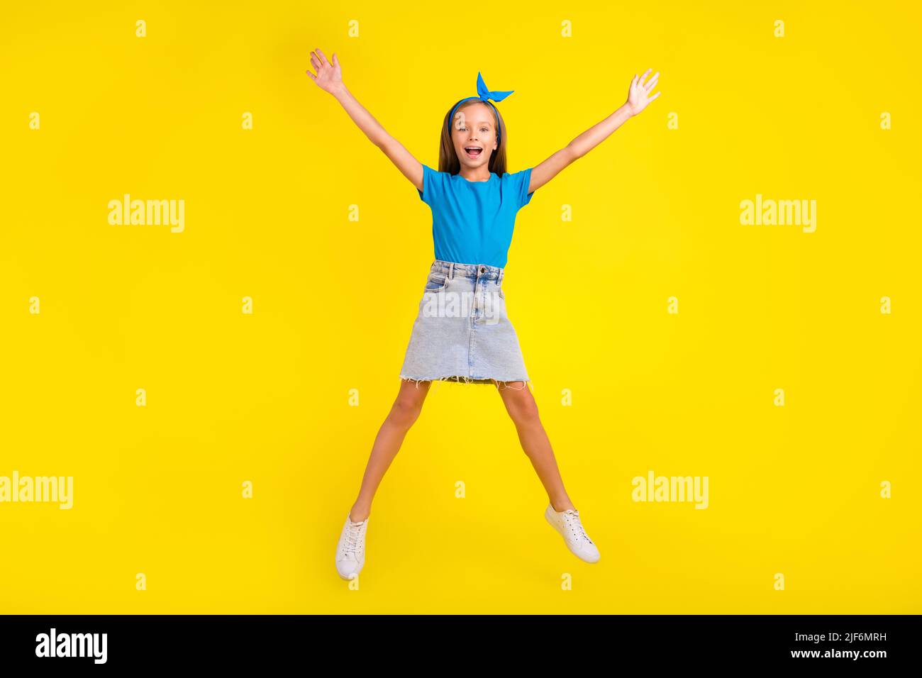 Full size portrait of crazy carefree person jumping raise hands make ...