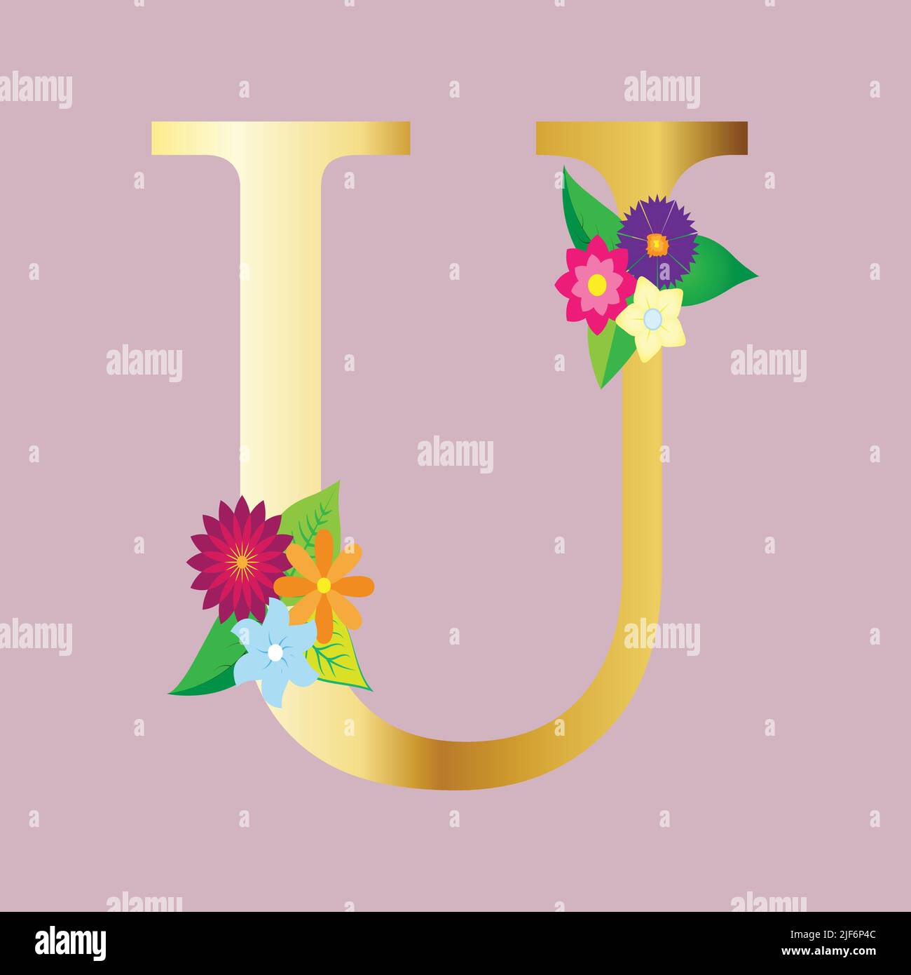 Floral alphabet with flowers and gold glitter composition. botanic ...