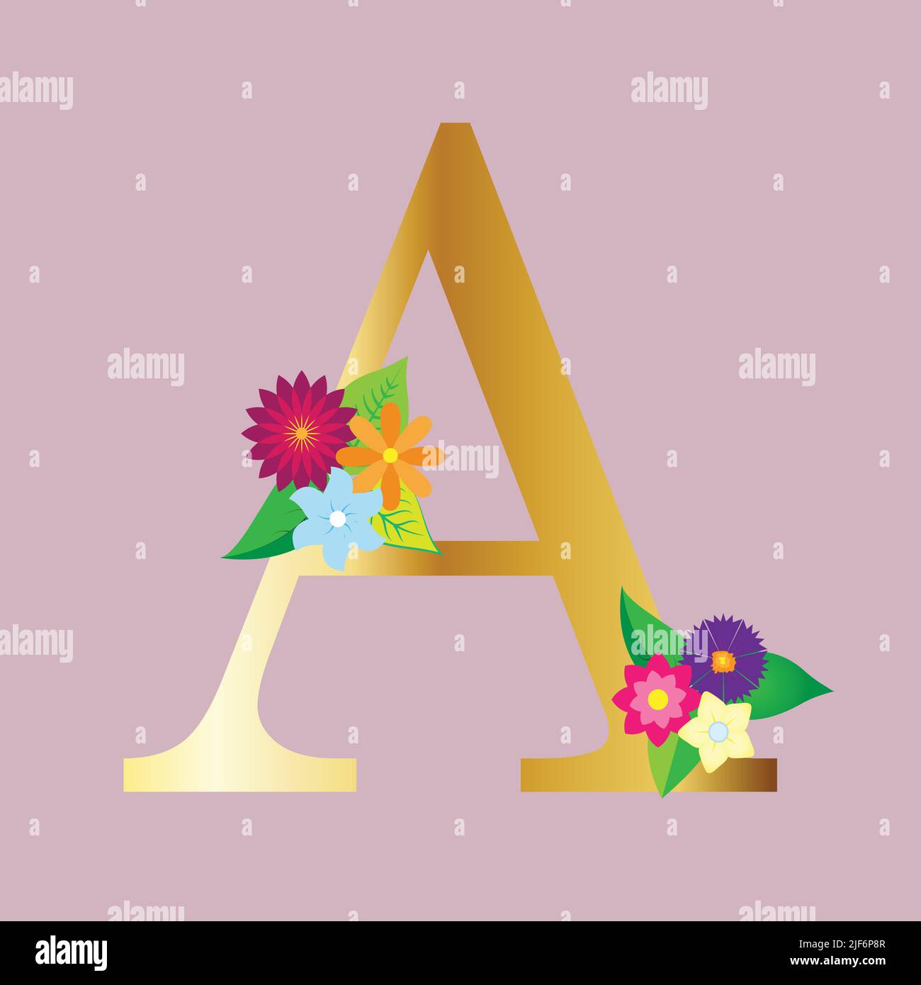 Floral alphabet with flowers and gold glitter composition. botanic ...