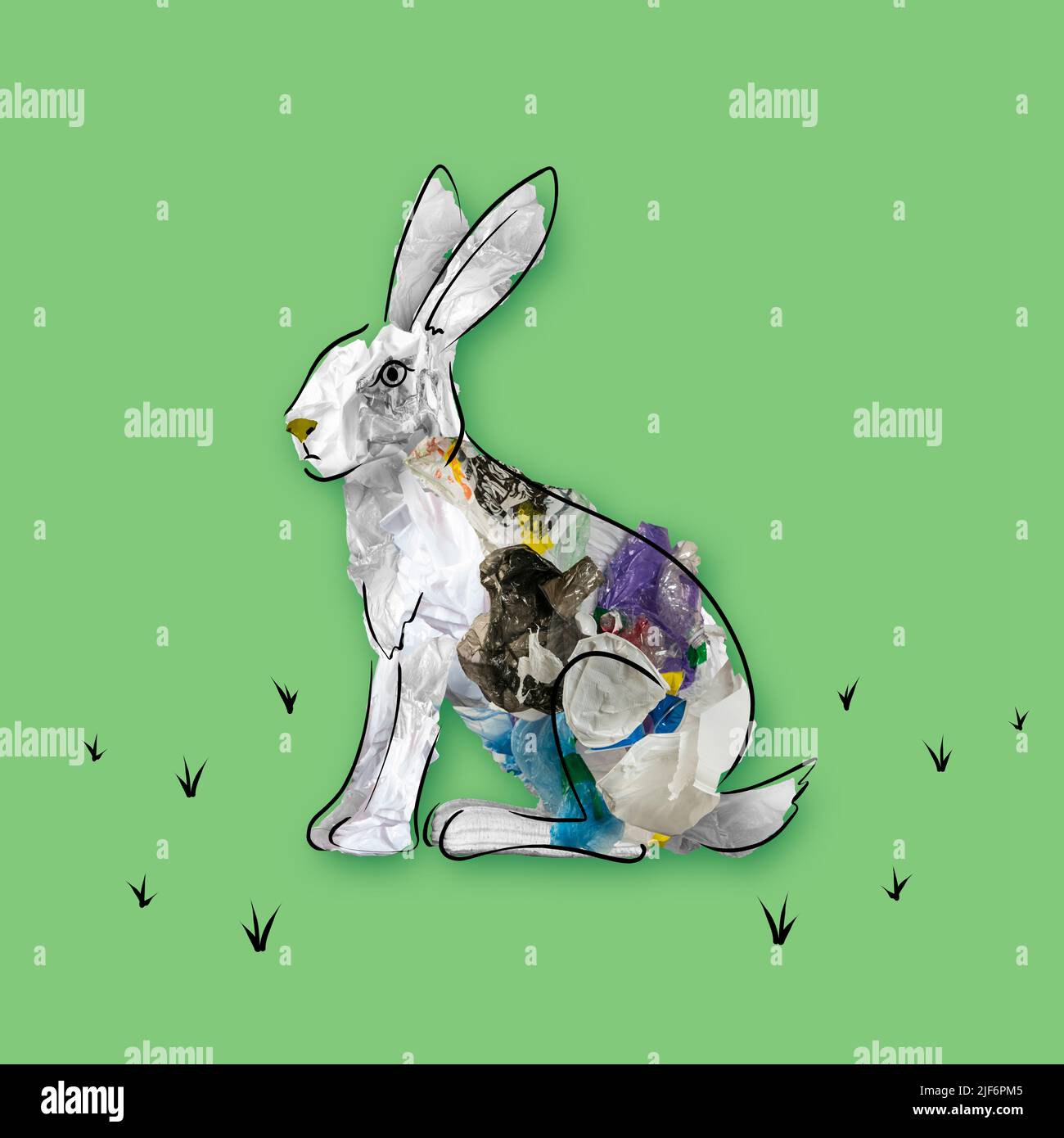 Contemporary conceptual art collage with painted animal hare filled ...