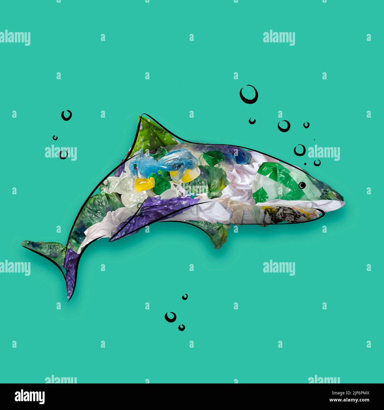 Contemporary conceptual art collage with drawn fish shark filled with ...