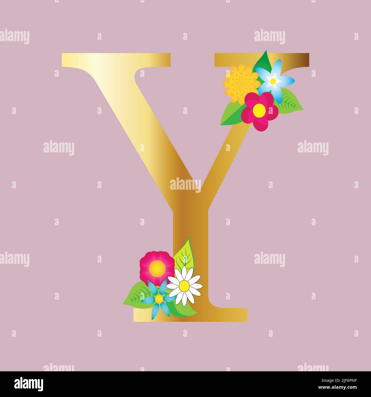 Floral alphabet with flowers and gold glitter composition. botanic ...