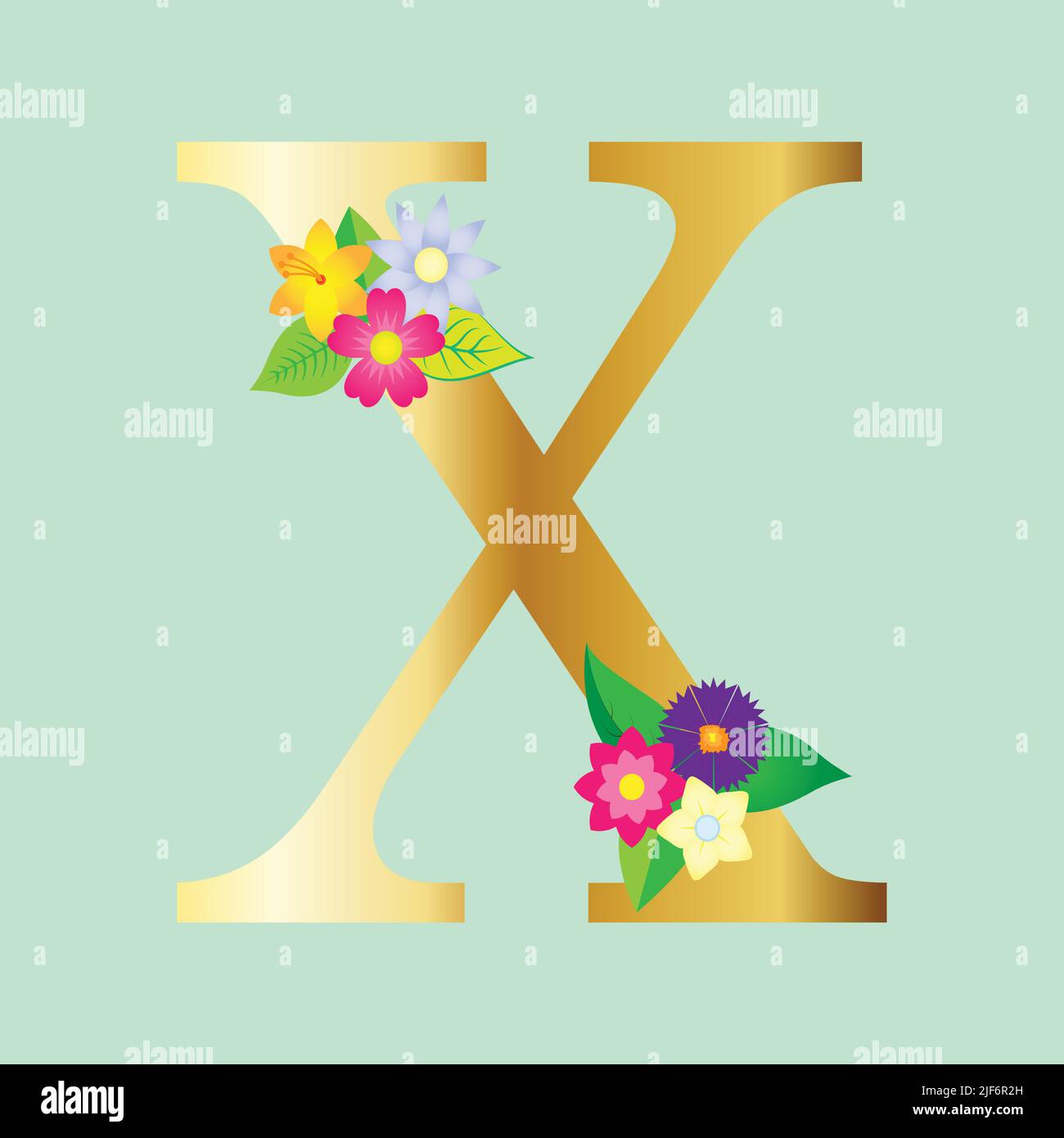 Floral alphabet with flowers and gold glitter composition. botanic ...