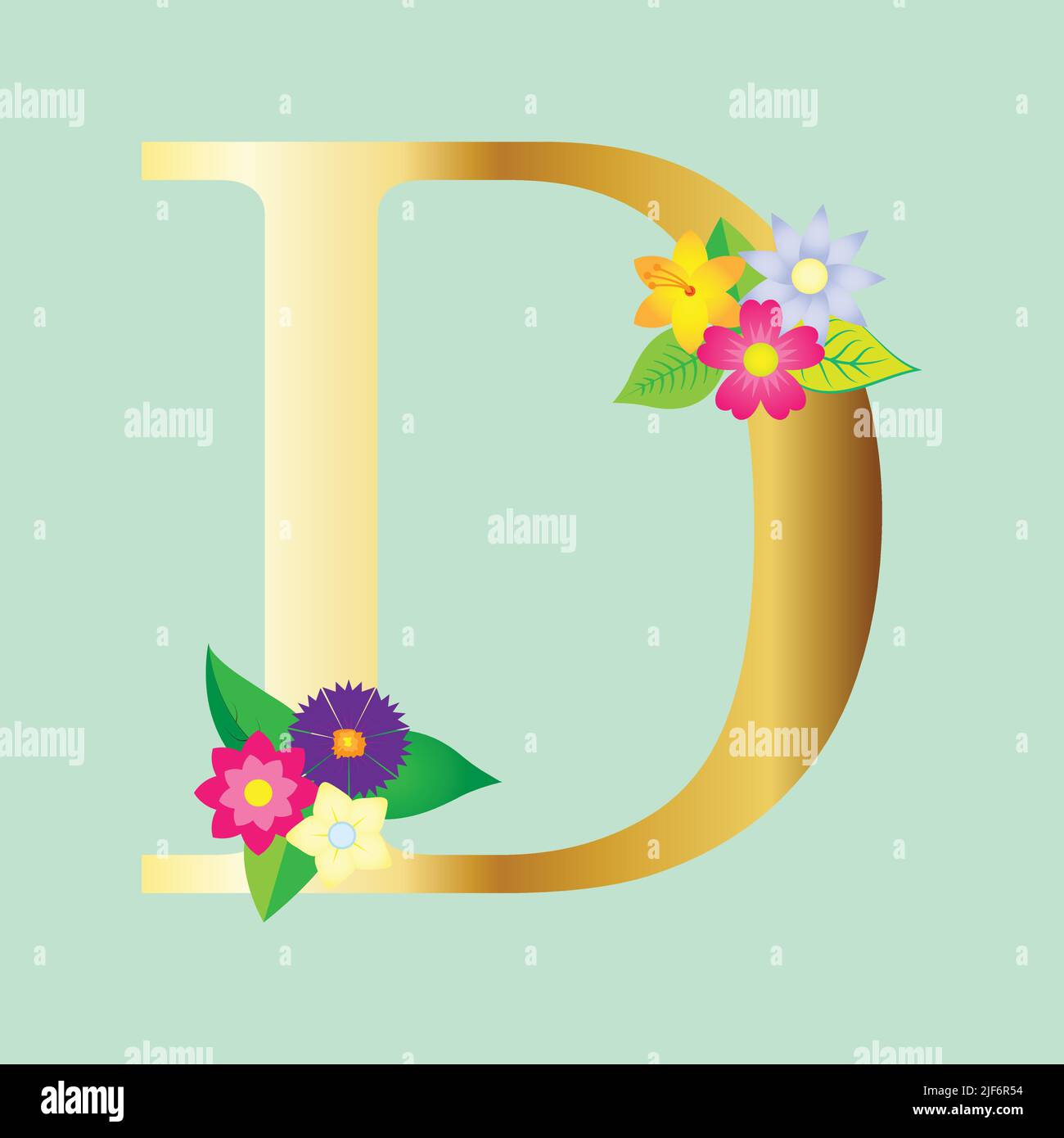 Floral alphabet with flowers and gold glitter composition. botanic ...