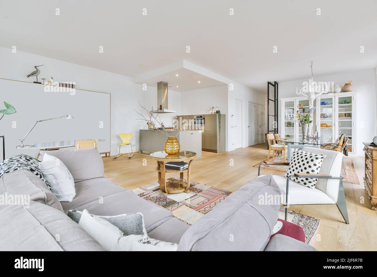 Interior of spacious open space room with lounge and dining zones in ...