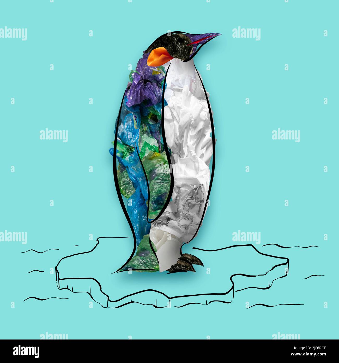 Penguin. Contemporary conceptual art collage with painted animal filled ...