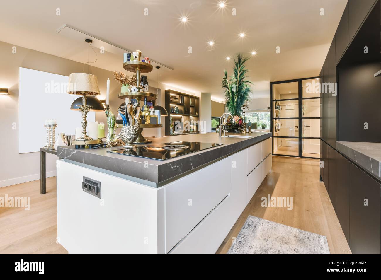 Interior of spacious open plan kitchen with modern furniture in daytime ...
