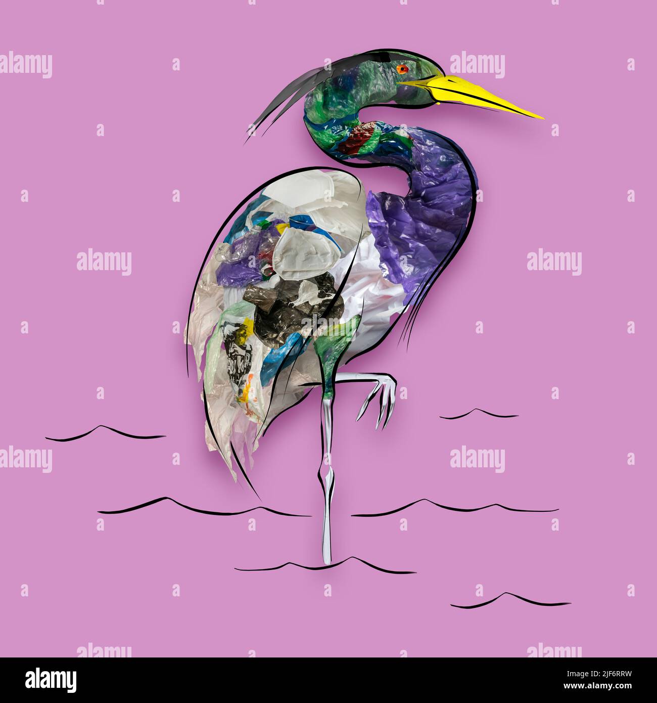 Conceptual art collage with painted bird heron filled with garbage and ...