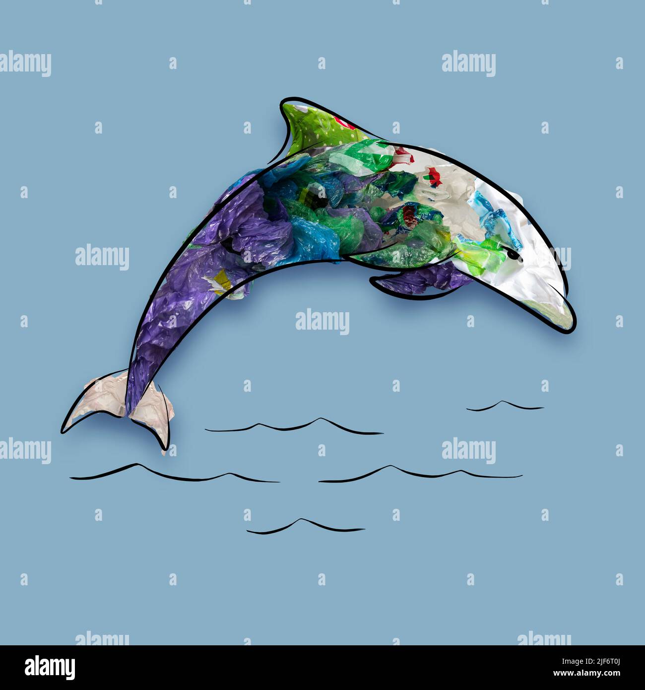 Contemporary conceptual art collage with drawn fish dolphin filled with ...