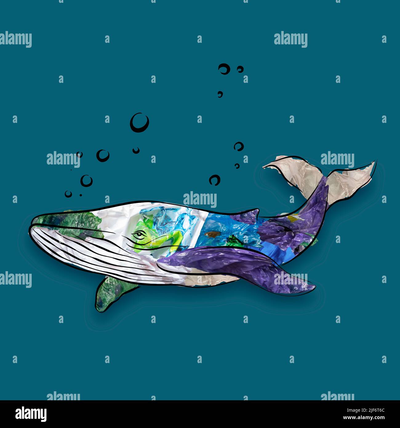 Contemporary conceptual art collage with drawn fish whale filled with ...