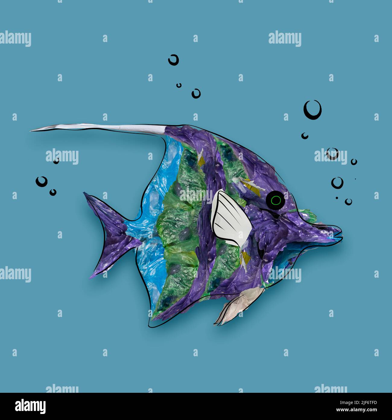 Contemporary conceptual art collage with drawn fish filled with garbage ...