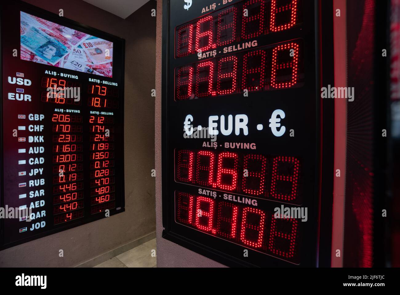 Turkish lira value against the Euro and Dollar displayed on a currency ...