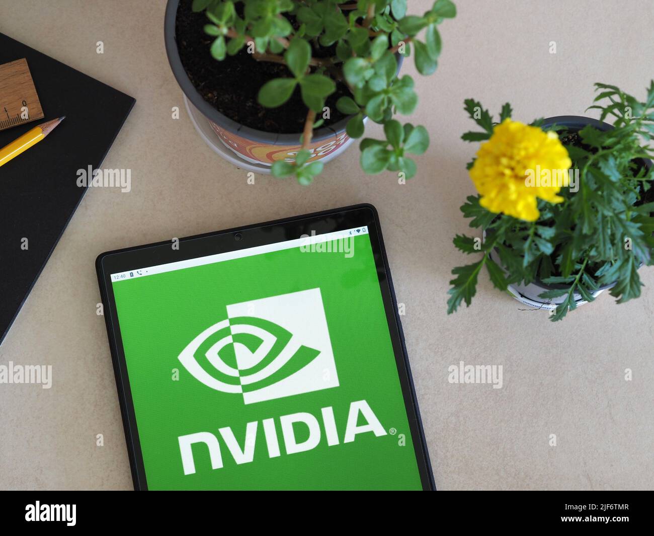 In this photo illustration Nvidia Corporation logo seen displayed on a ...