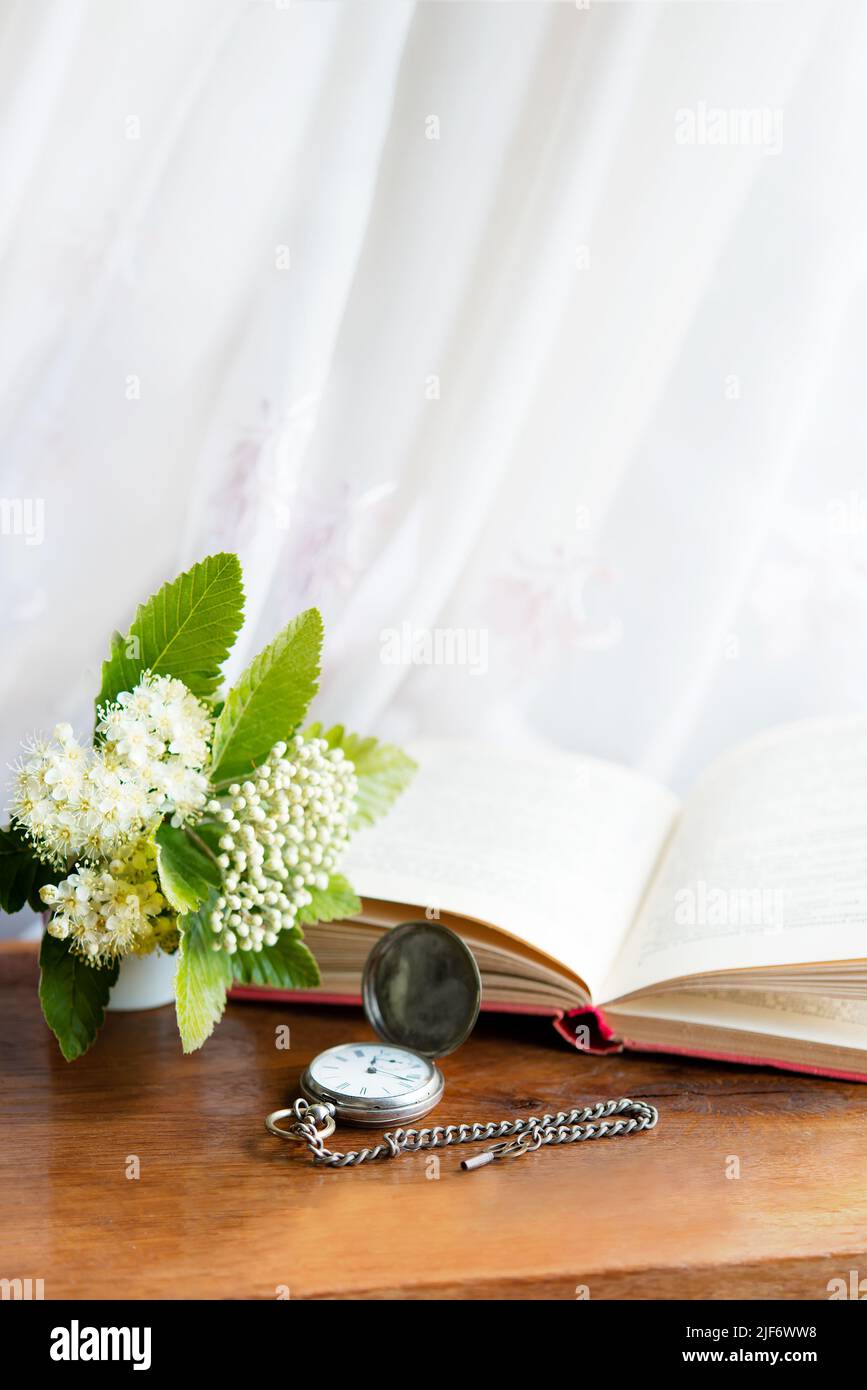 Story time, storytelling banner, old book and vintage clock Stock Photo ...
