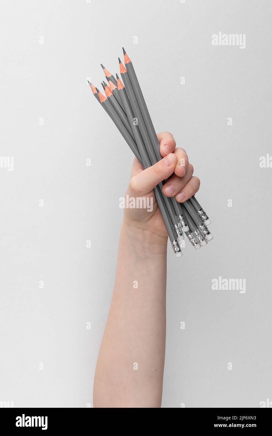 child hand holding many pencils above a white and gray background, copy ...