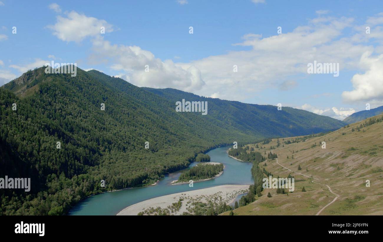 Blue Katun river in the middle of mountains of Ak-Kem valley in Altai ...