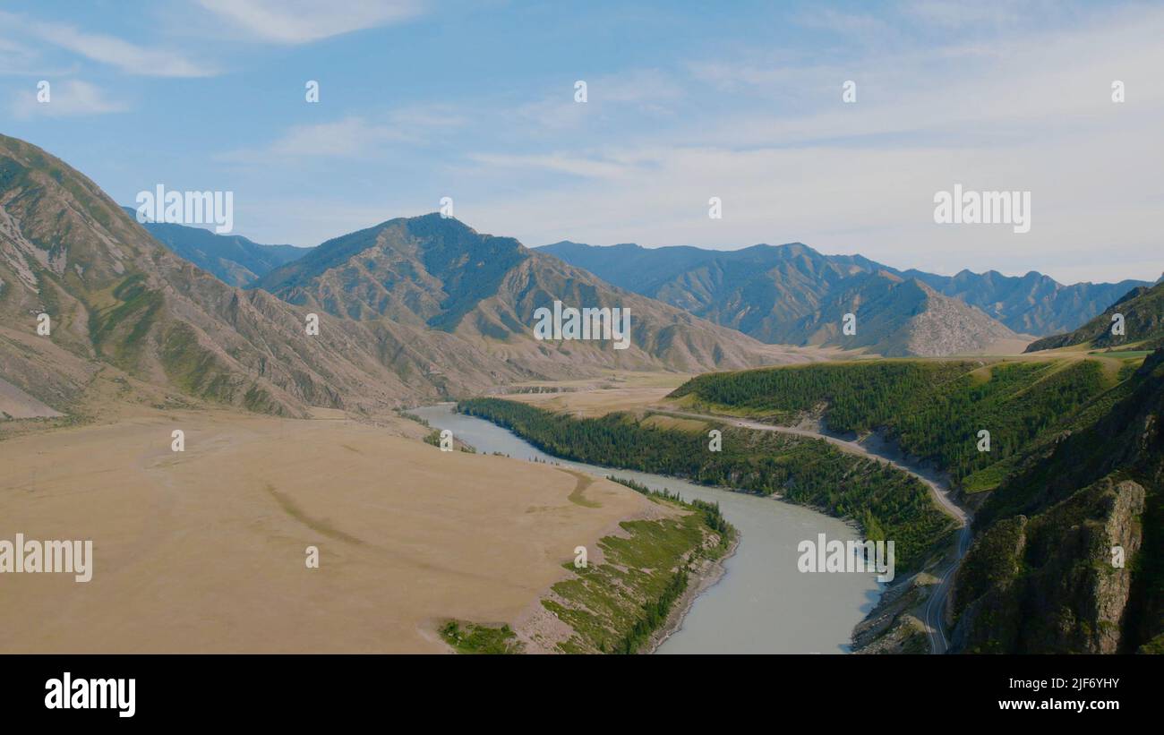Mountains valley of Altai with blue Katun river and Chuya highway ...
