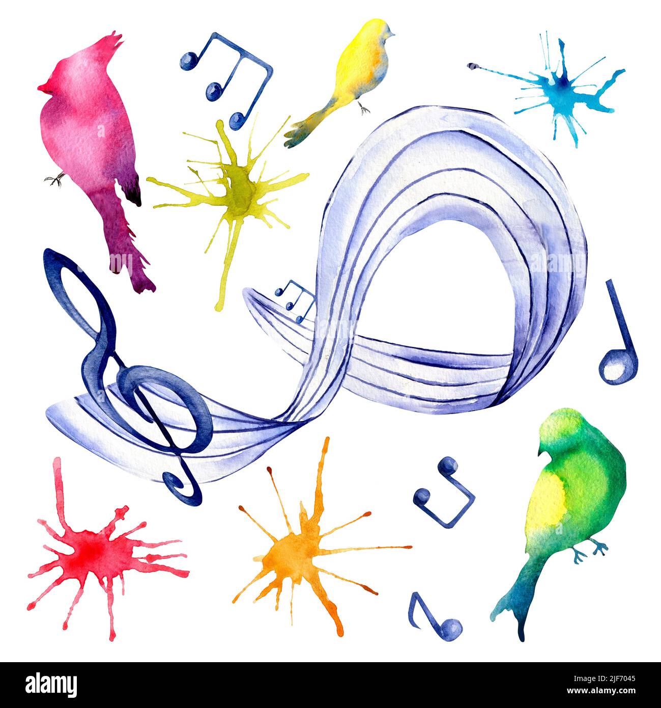 Colorful set of musical signs, watercolor bird and splash on white ...