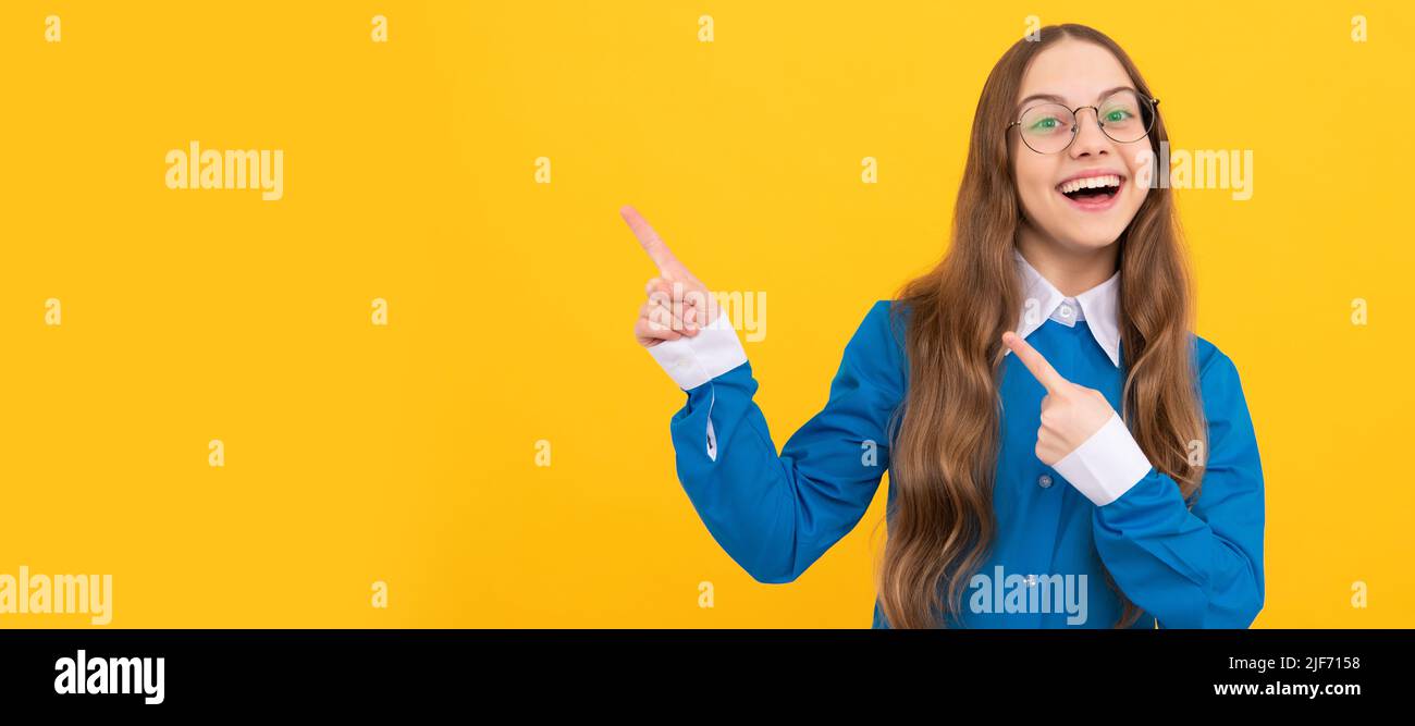 For best education of your child. Happy girl point fingers. School ...