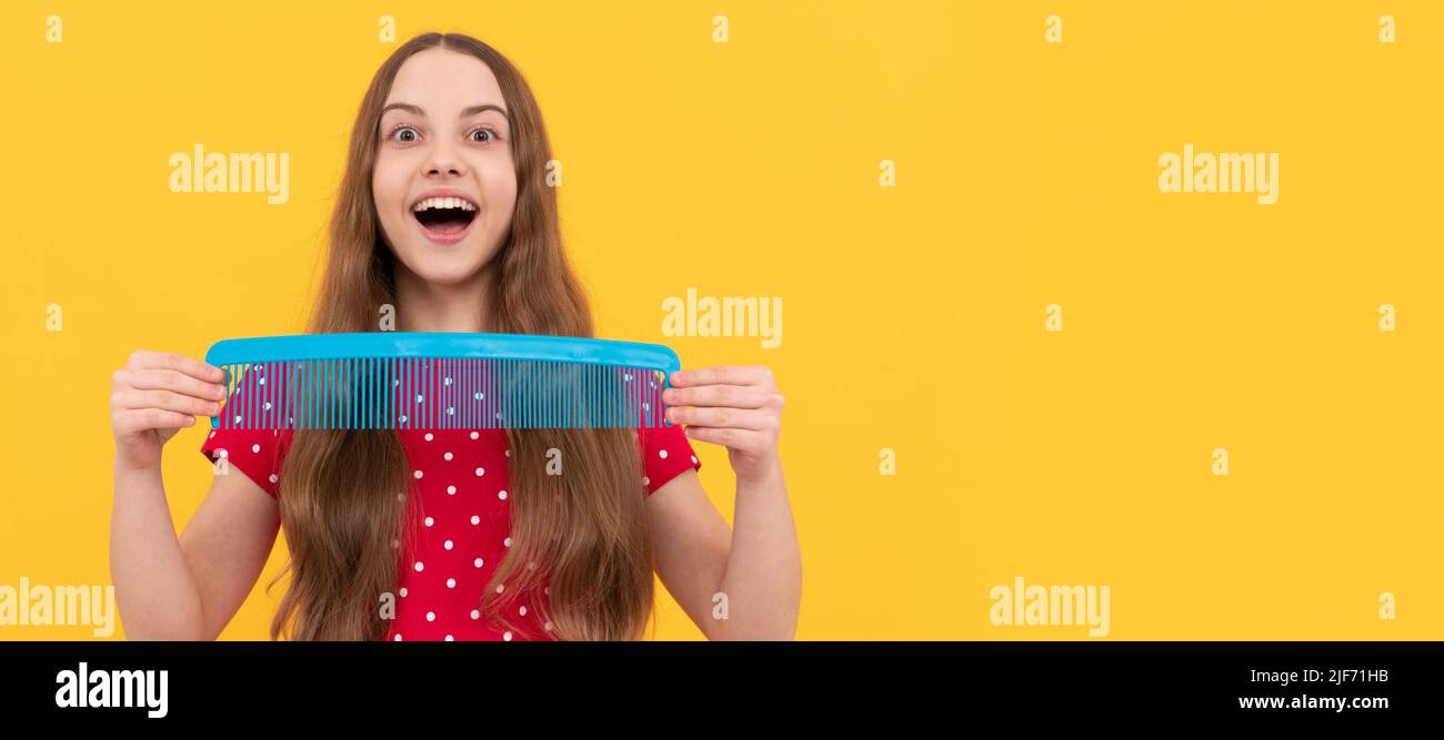 hairdresser. girl has wavy hairdo hold hairbrush. teen beauty hairstyle ...