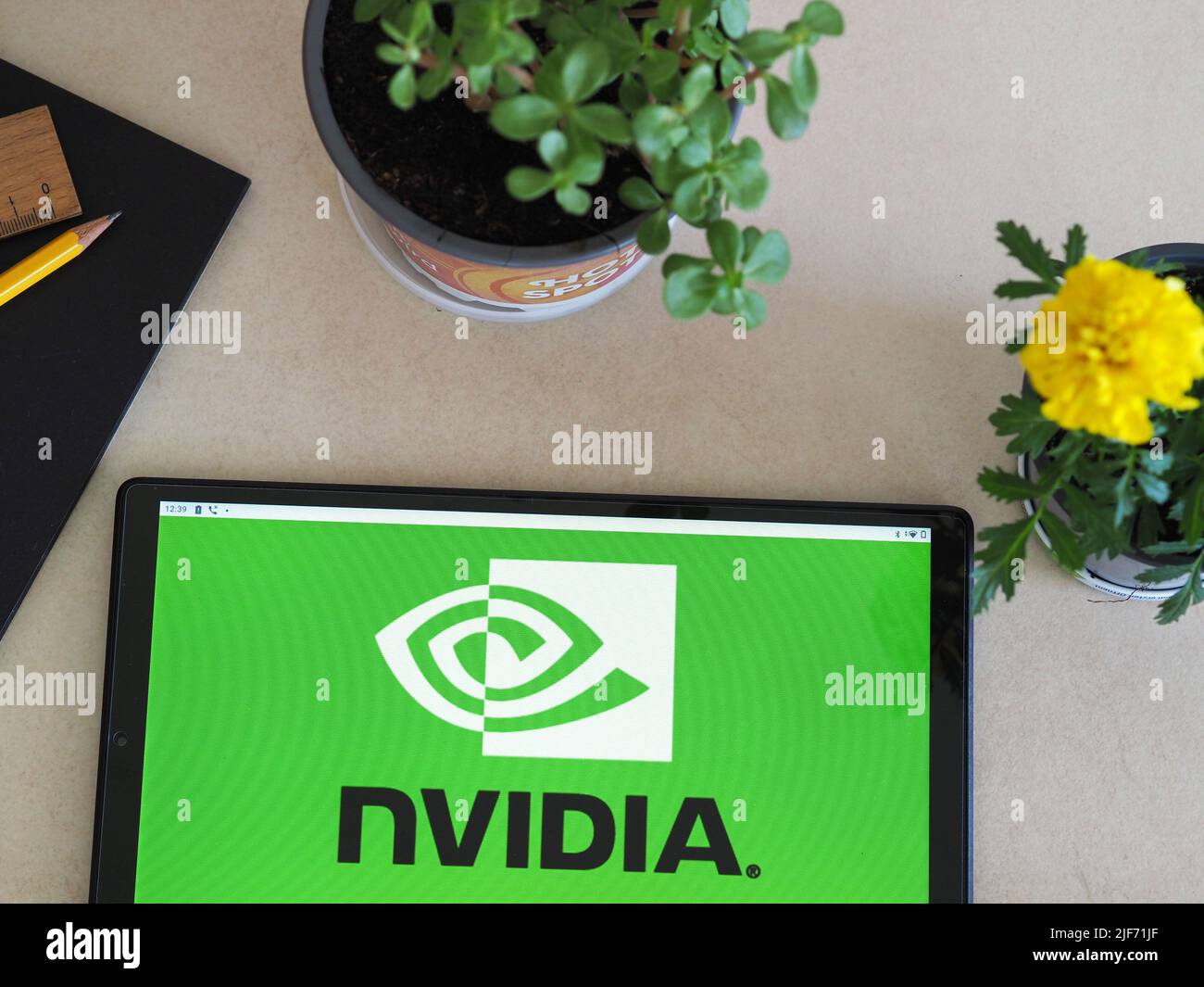 In this photo illustration, Nvidia Corporation logo seen displayed on a ...