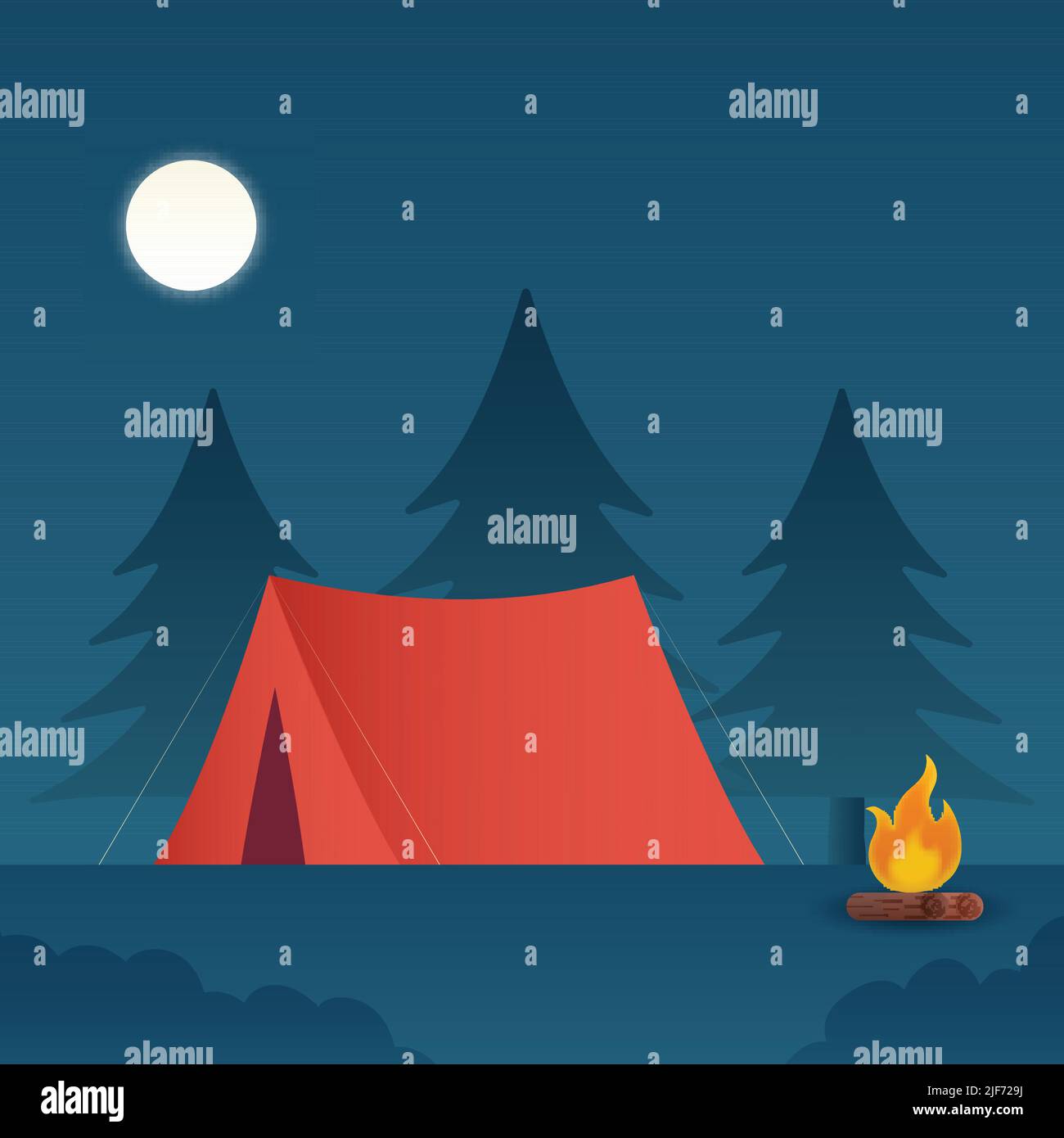 Red Camping Tent With Bonfire On Full Moon Blue Tree Background Stock ...