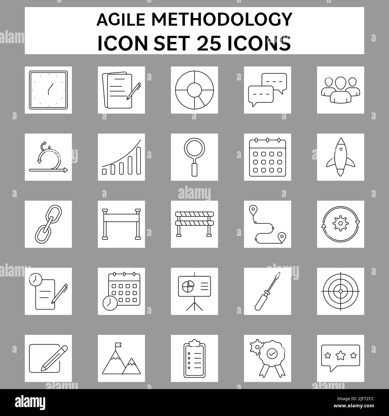 Black Thin Line Art Of Agile Methodology Square Icon Set On Grey ...