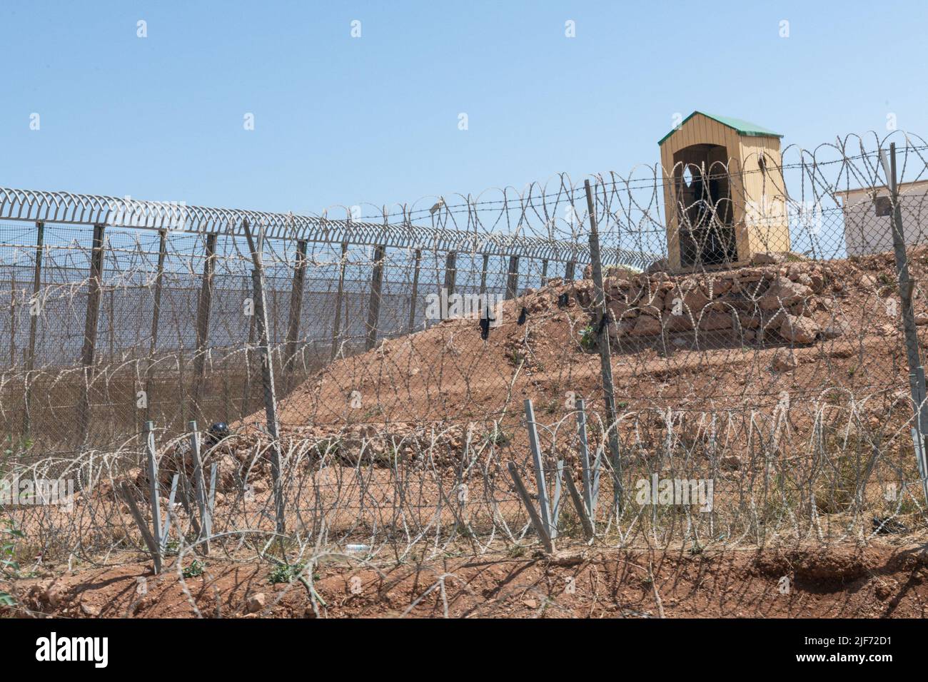 View of the border fence between Morocco and Spain where dozens of ...