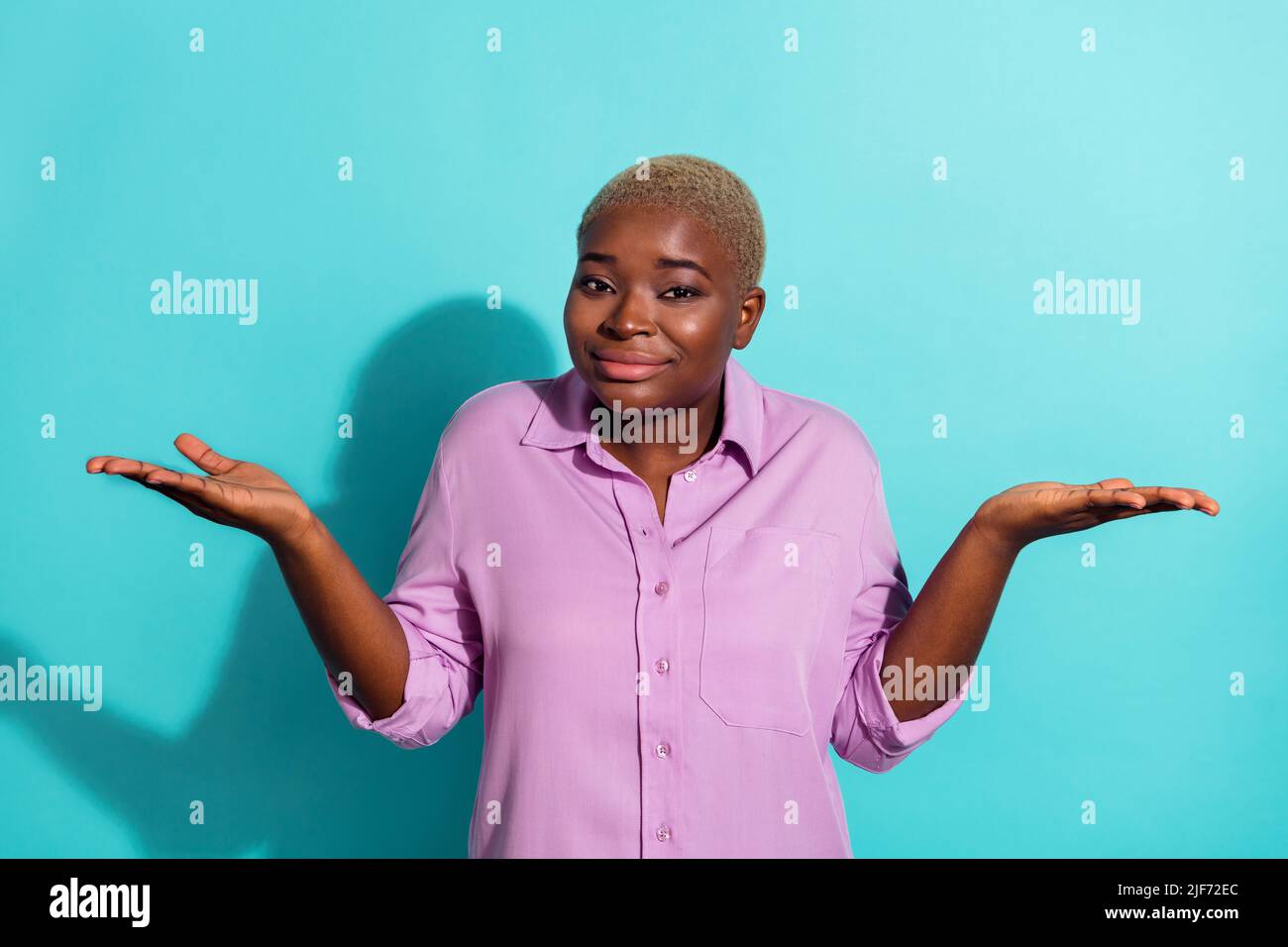 Portrait Of Clueless Attractive Girl Shrug Shoulders Do Not Know Look