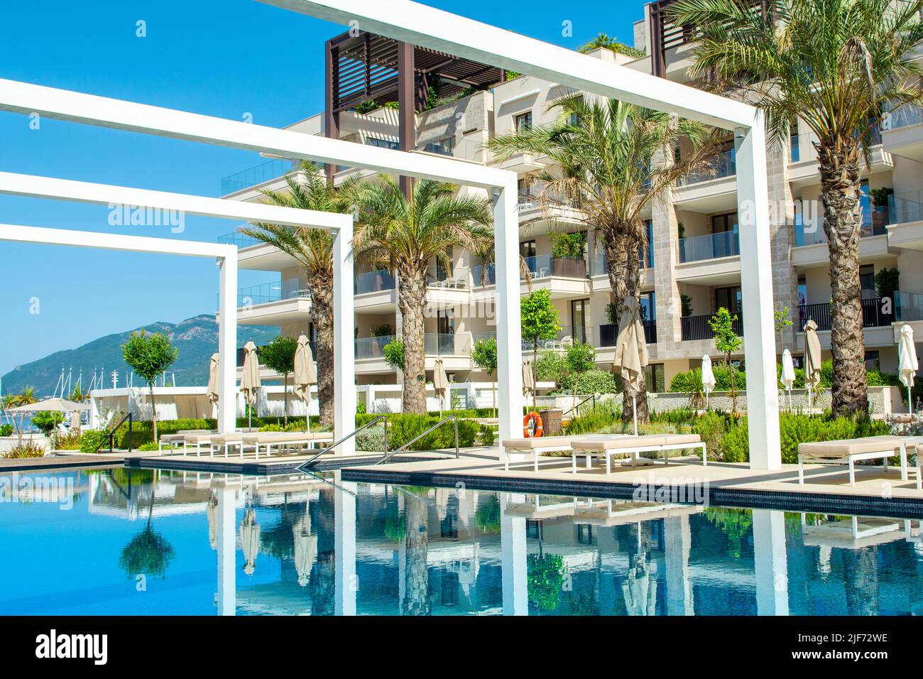 Tivat, Montenegro - May 29, 2022: Pool area in luxury modern hotel in ...