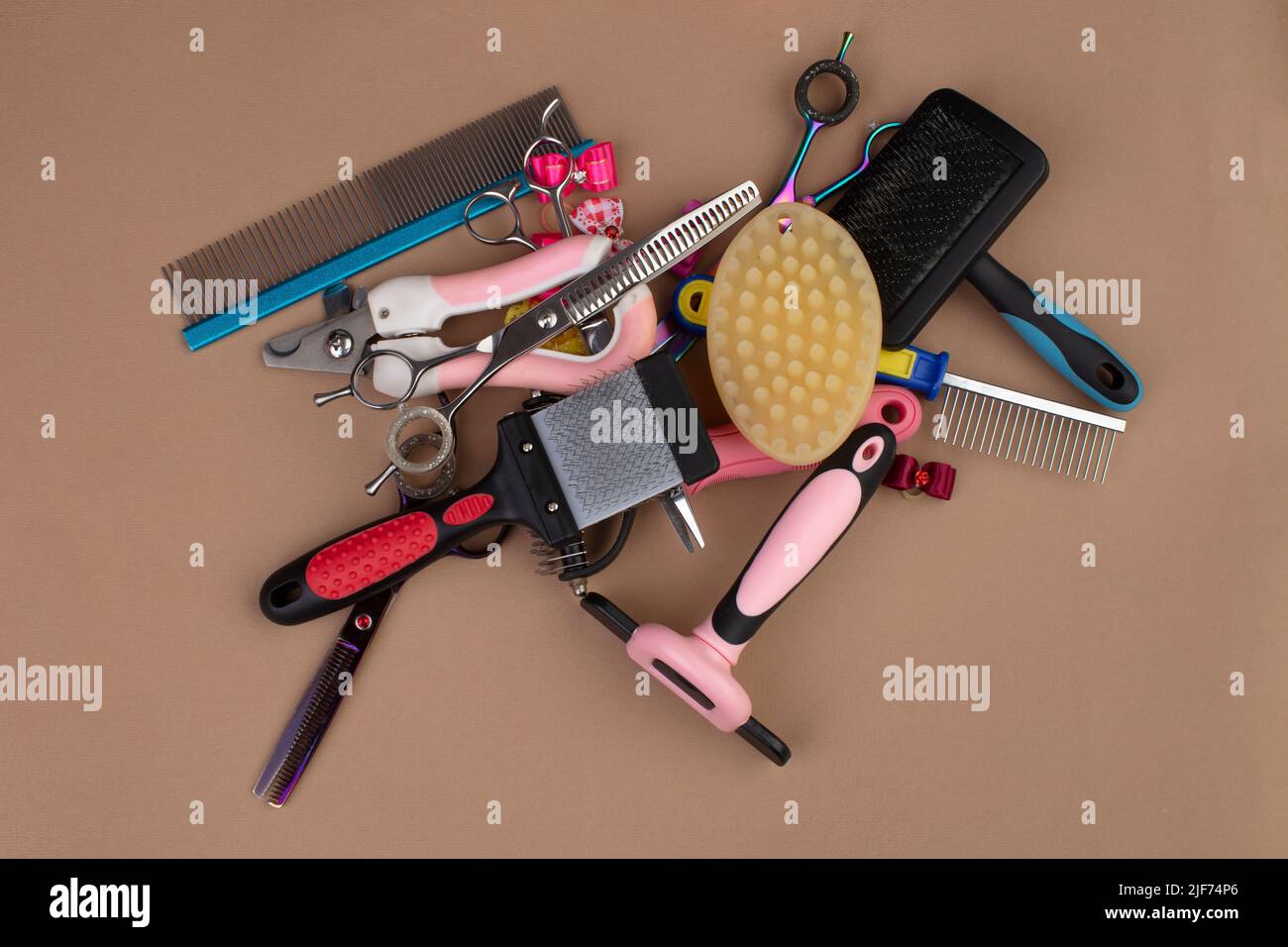 Tool for the groomer on a beige background. Dog grooming accessories ...