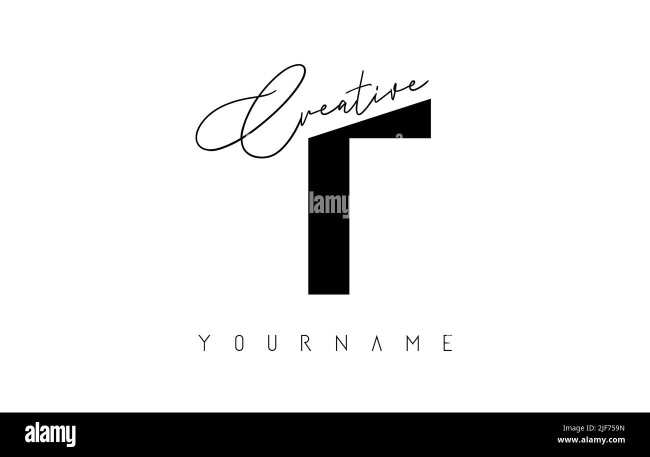Creative T logo with cuts and handwritten text concept design. Letter ...