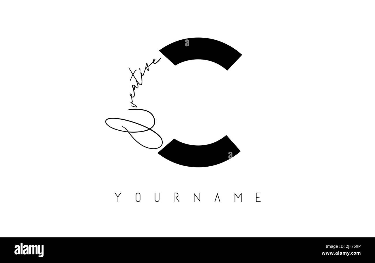 Creative C logo with cuts and handwritten text concept design. Letter ...