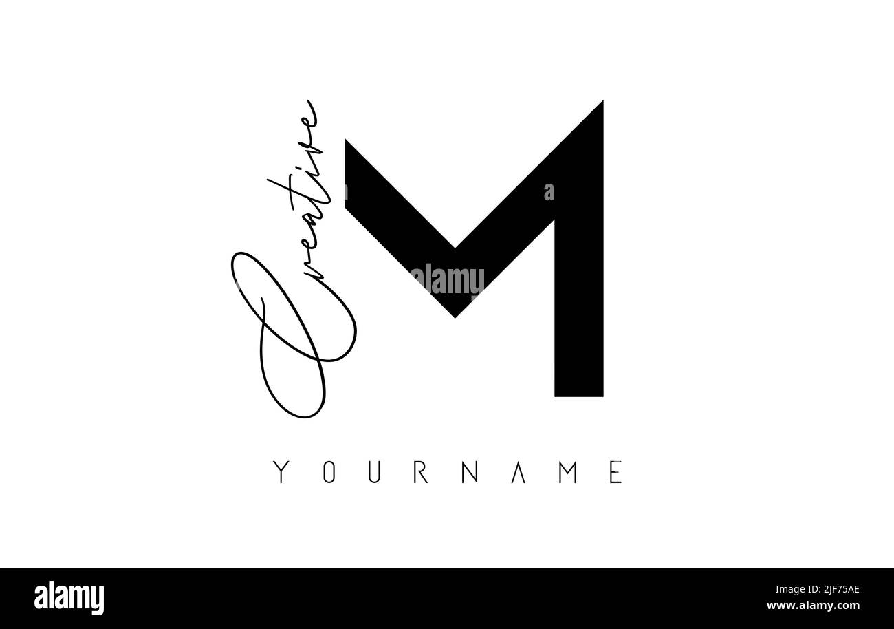 Creative M logo with cuts and handwritten text concept design. Letter ...