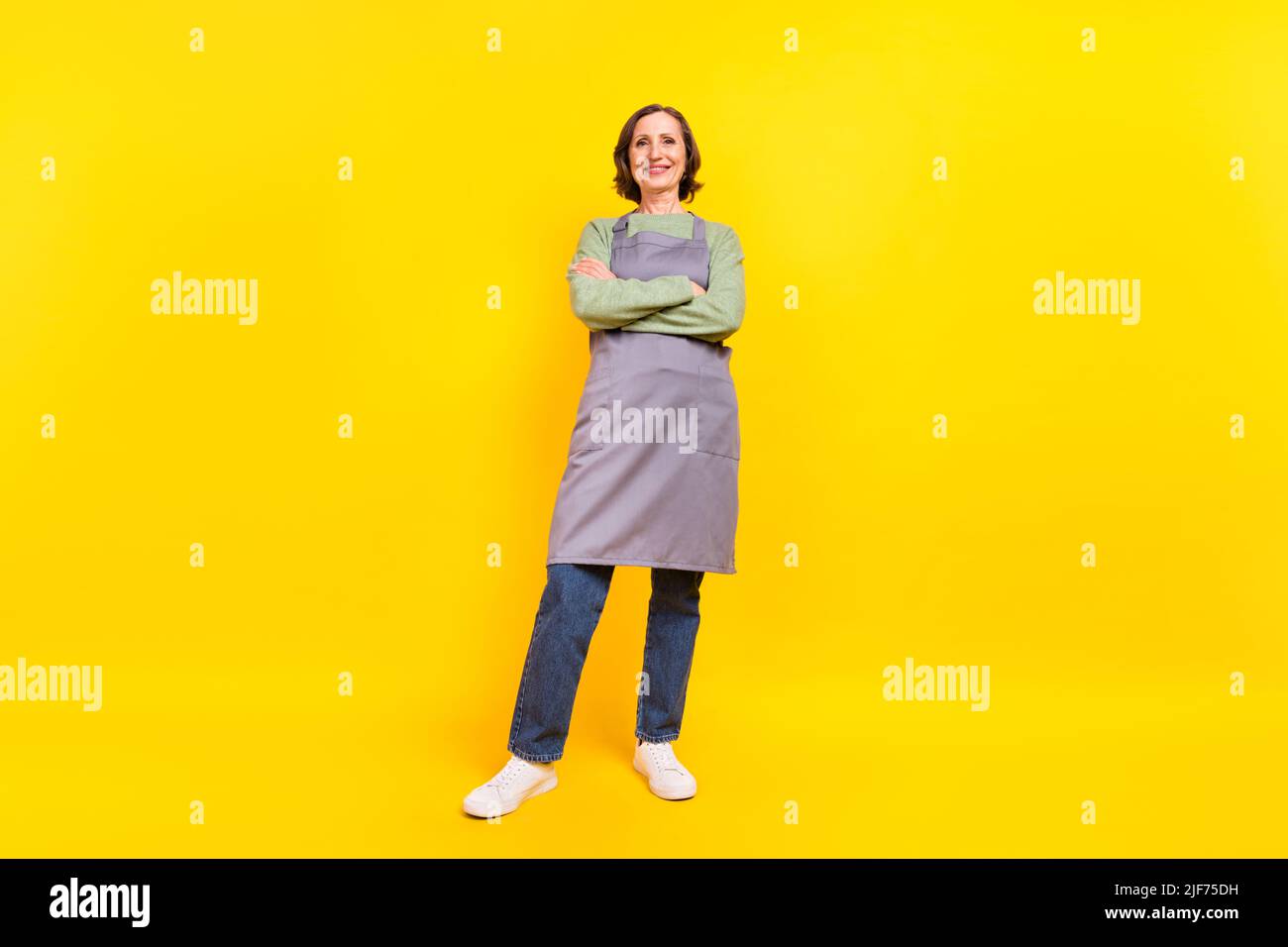 Full length body size view of attractive cheerful woman service helper ...