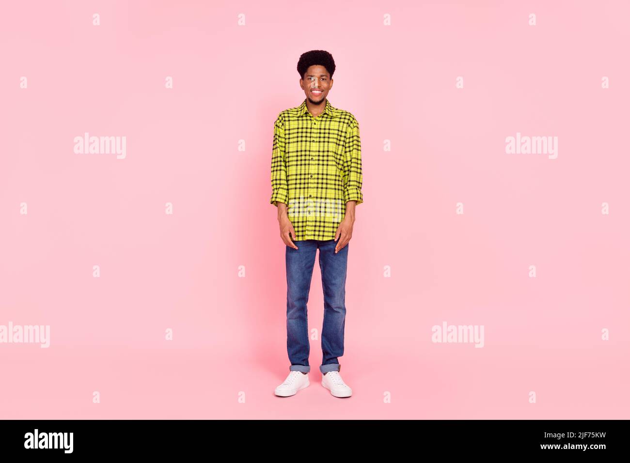 Full body photo of happy charming cheerful afro american man good mood ...