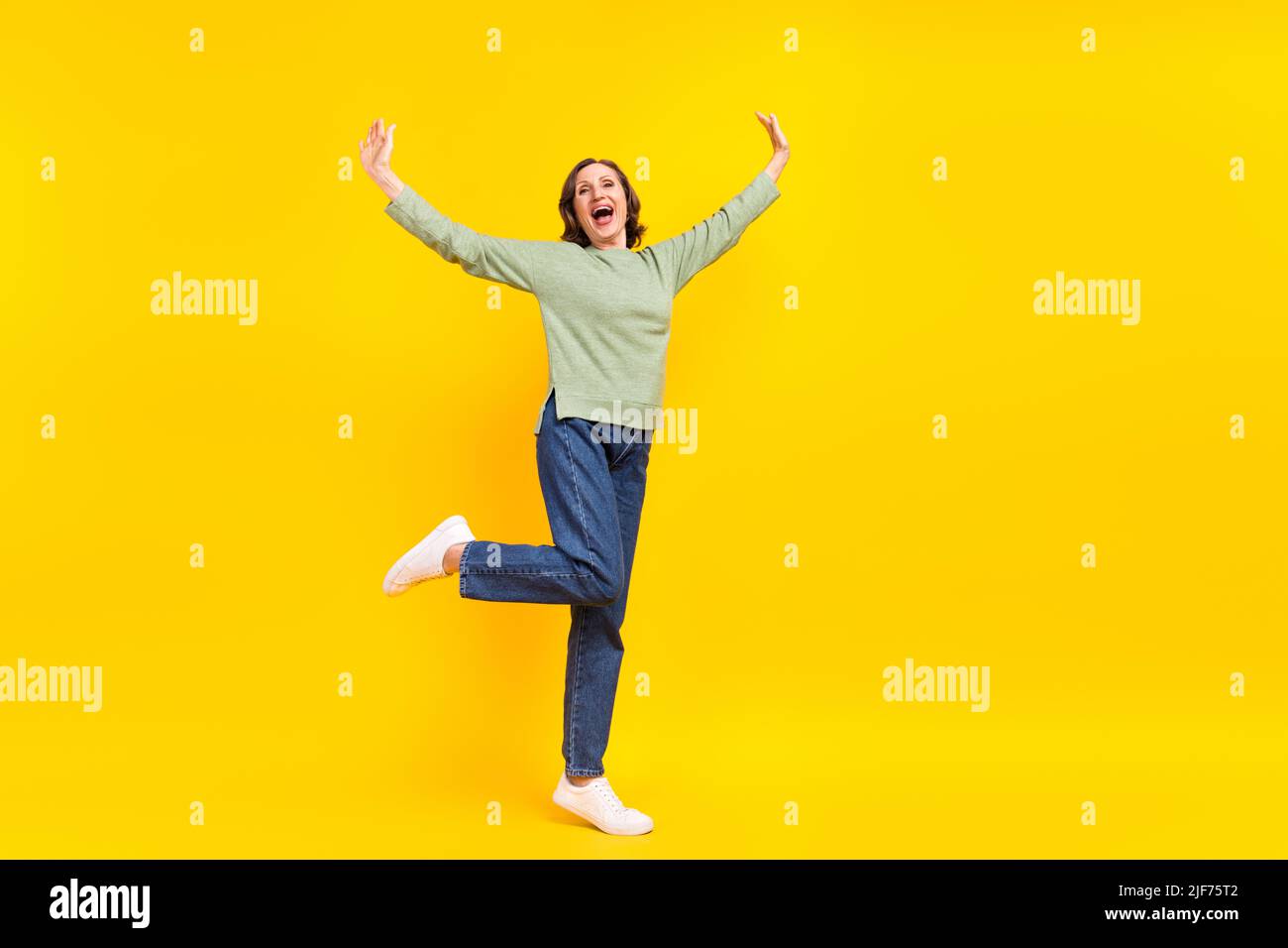 Full Length Body Size View Of Attractive Cheerful Carefree Woman