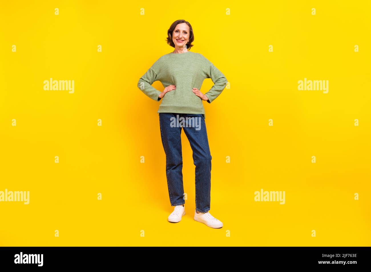 Full length body size view of attractive cheerful grey-haired woman ...
